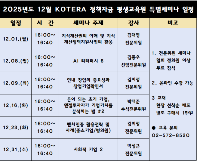 [기사 공유] KOTERA 정책자금 평생교육원 - 2025년 12월 특별 세미나 일정 안내
