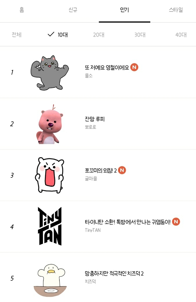 오늘자 기준 카카오톡 이모티콘 연령대별 인기 순위 - 악플달면 쩌리쩌려버려 - ＊여성시대＊ 차분한 20대들의 알흠다운 공간