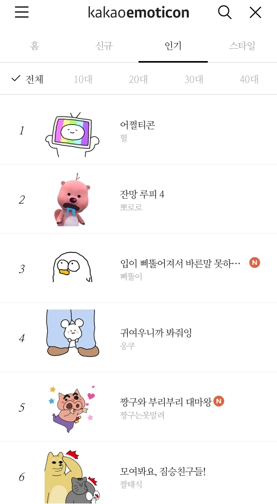 더쿠 - 카카오톡 연령별 인기 이모티콘 순위.jpg
