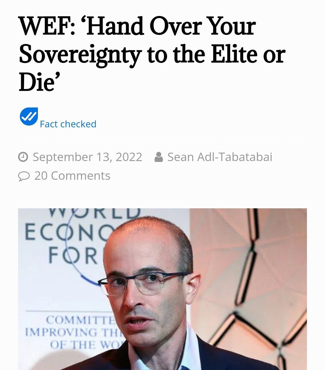 WEF 고문 유발 노아 하라리: "개인의 주권을 엘리트 정부에 넘겨주기를 거부한다면 멸종당할 것" - 마지막 세대의 징조들 ...