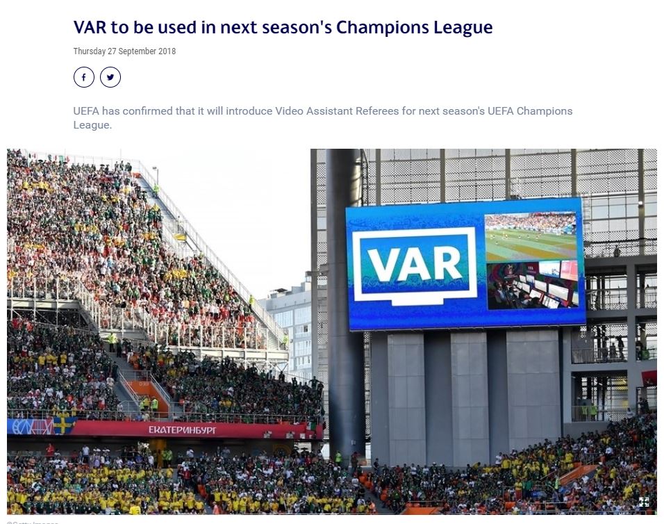 [오피셜] UEFA, 2019/2020 UCL부터 VAR 도입..유로2020도 시행