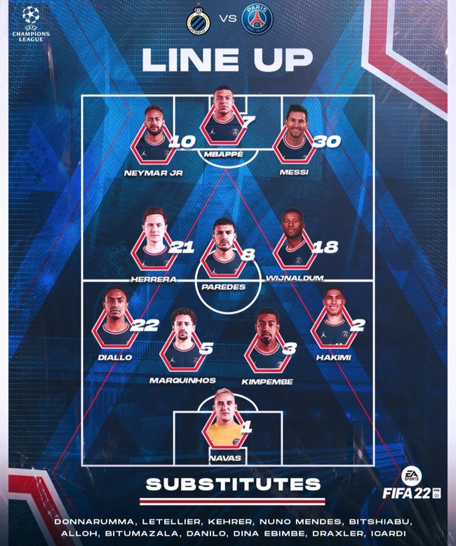 [UCL 라인업] 떴다! MNM 총출동..PSG, 브뤼헤전서 모두 내보낸다