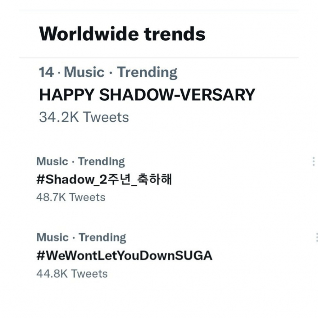 방탄소년단 슈가 'Interlude:Shadow' 발매 2주년 전 세계 팬들 축하..HAPPY SHADOW-VERSARY