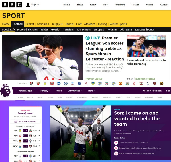 'BBC·EPL..' 홈피 메인은 온통 손흥민으로 도배