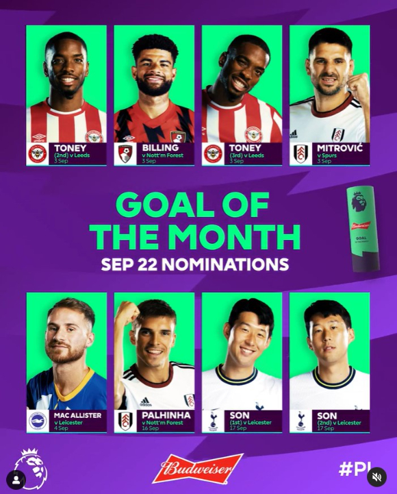 손흥민, EPL 9월의 골 후보..8골 중 2골이 'SONNY'