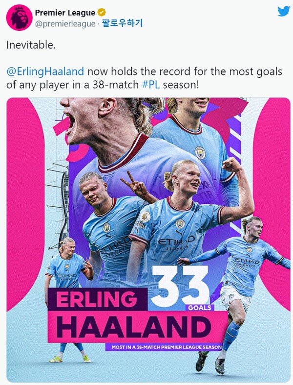 홀란, '33골'로 살라 넘어 EPL 단일시즌 최다골 기록 경신