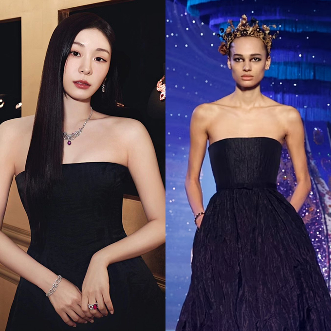 김연아 Vs 모델 직각 어깨 드러난 튜브톱 드레스 자태 우아해