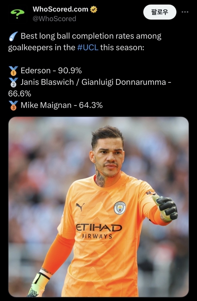 '이럴거면 그냥 니가 MF 해' 맨시티 GK, UCL GK 롱패스 성공률 순위 압도적 1위... "2위와 24.3% 차이"