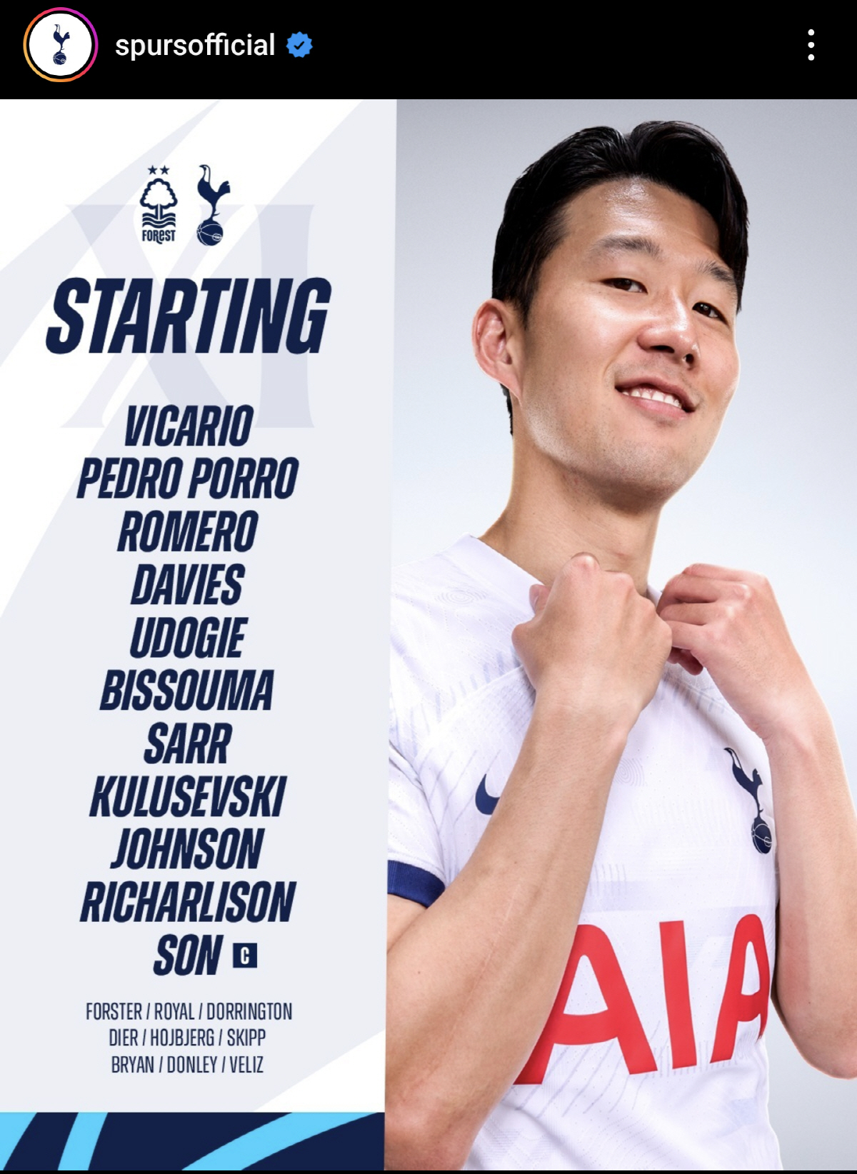 [EPL현장라인업]'손흥민 선발' 토트넘, 노팅엄 원정 선발 라인업 발표! SON 11호골 노린다