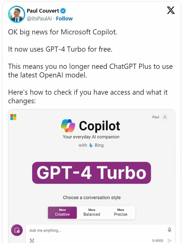 마이크로소프트 코파일럿에서 'GPT-4 터보' 무료 이용 가능