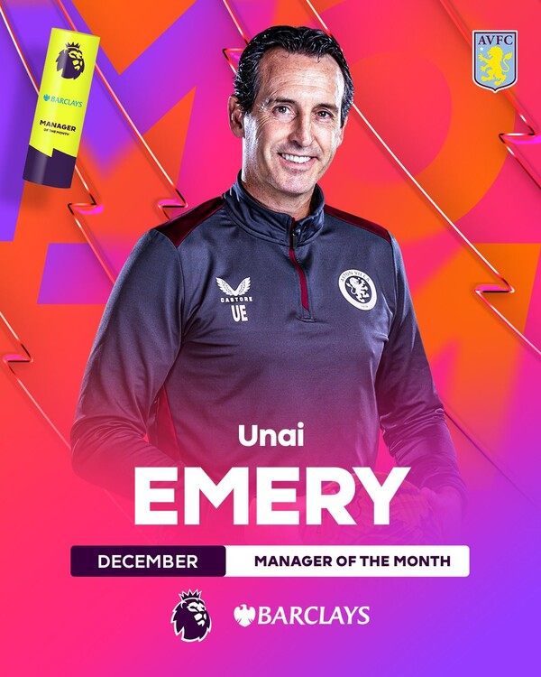 [오피셜] '2위 도약' 빌라 에메리, EPL 12월의 감독상…"자부심 느껴"