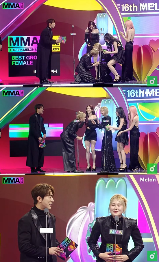 엄지윤, 에스파에 무릎까지 꿇었다 "사죄의 말씀" [MMA2024]