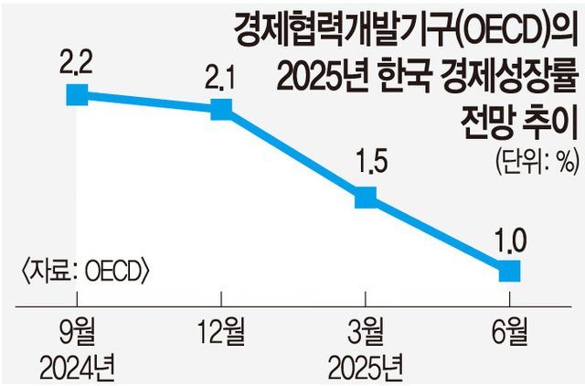OECD, 한국 경제성장률 전망 1.5% → 1.0% 또 하향 조정