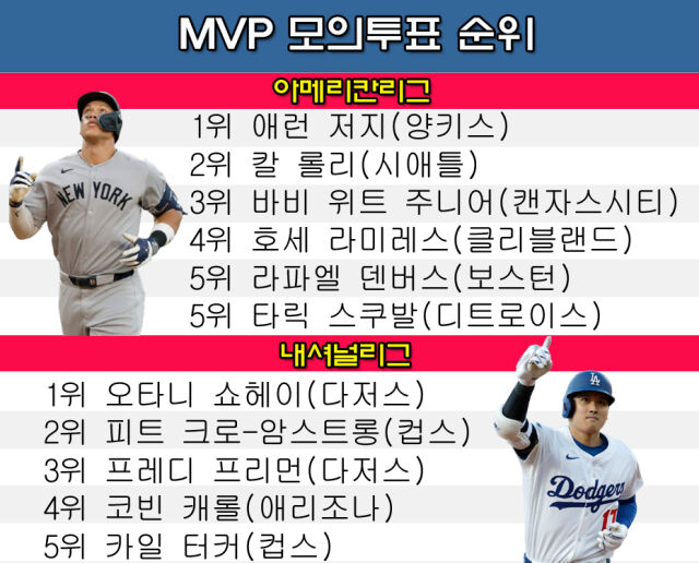 화끈한 불방망이→올해도 저지·오타니 천하! MVP 모의투표 압도적인 1위→1위 표 싹쓸이