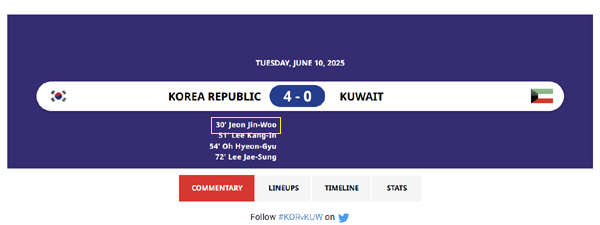 KFA "쿠웨이트 선수 자책골"-FIFA·AFC "전진우 골" 오락가락…A매치 데뷔골 공식 인정되나