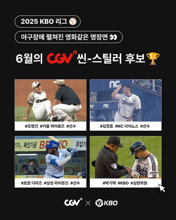 영화 같은 명장면을 만든 주인공은 누구? KBO '월간 CGV 씬-스틸러상' 6월 수상자 후보 발표