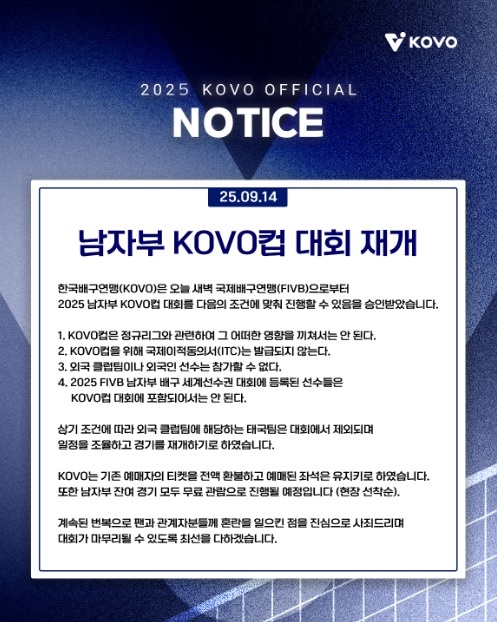 혼란의 KOVO, 취소했던 컵대회 남자부 '조건부 재개'