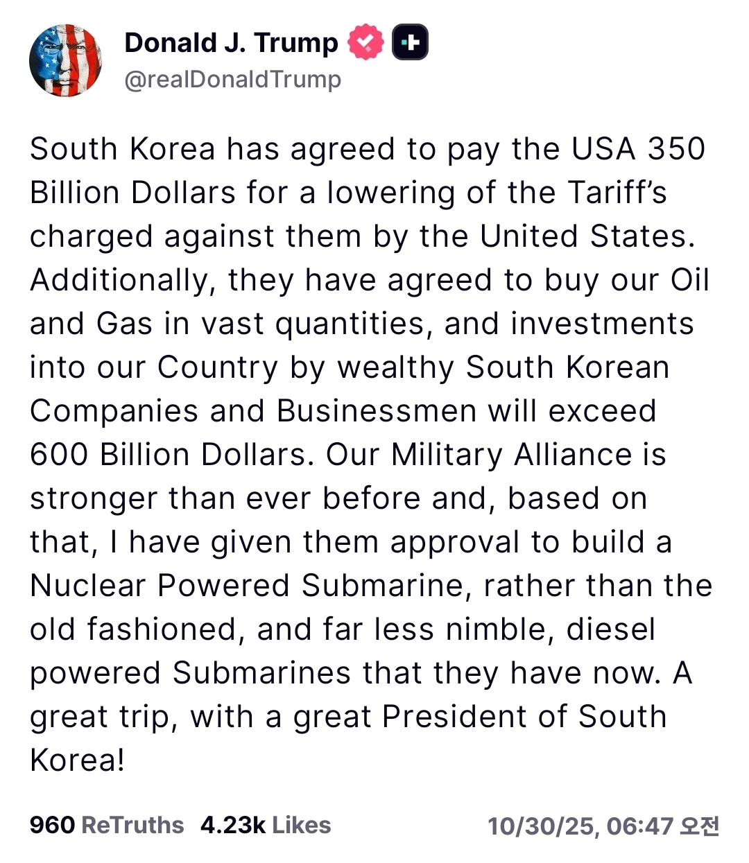 트럼프, 李대통령 두고 “총리→대통령” SNS 30분만에 급수정