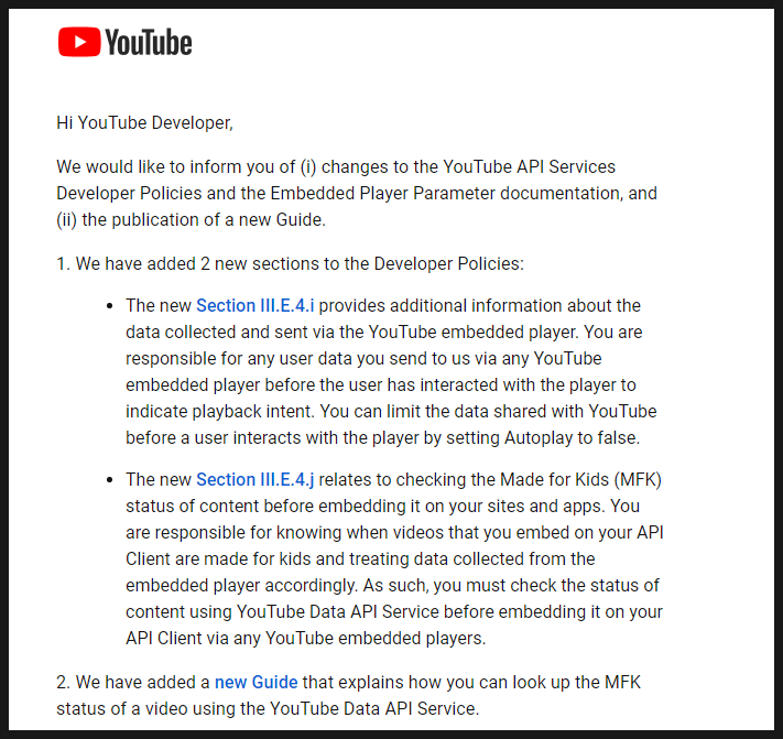 YouTube Data API (v3) 변경사항